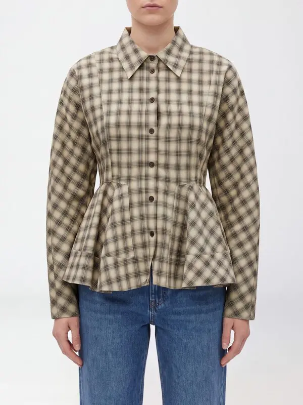 GANNI Long-sleeved Check Pattern Cotton Shirt - Grey