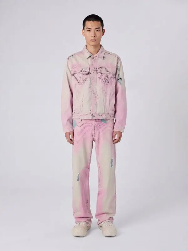 Camper Abstract Print Bleached Denim Jacket With Patch Pockets