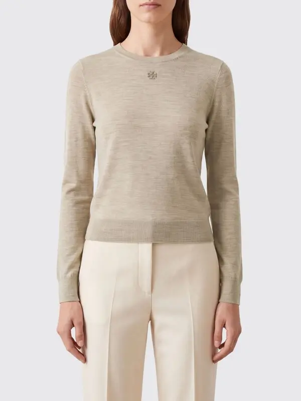 Tory Burch Pure Wool Crewneck Sweater With Embroidered Logo And Ribbed Trims