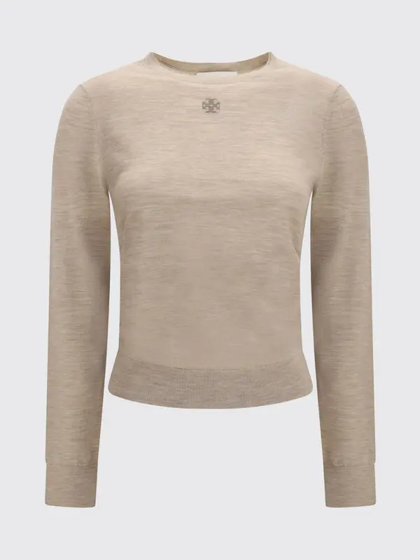 Tory Burch Pure Wool Crewneck Sweater With Embroidered Logo And Ribbed Trims