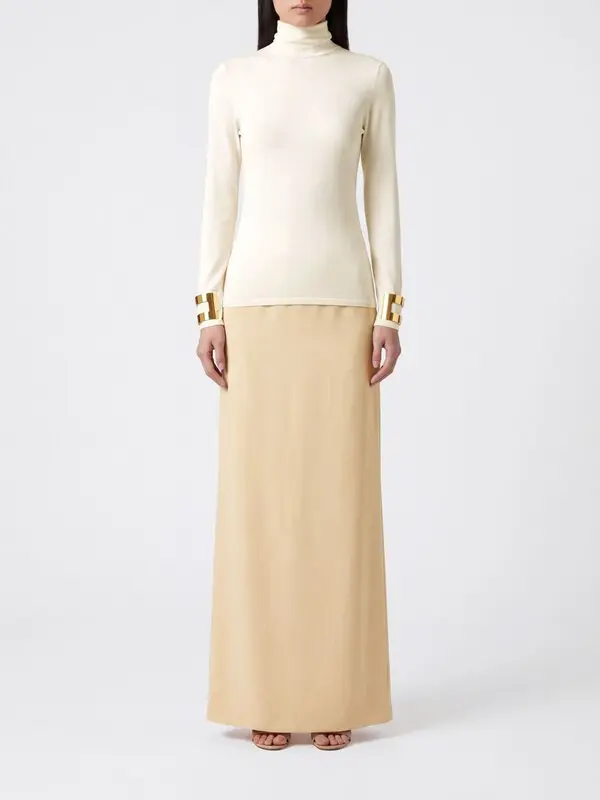 Elisabetta Franchi Long-sleeved Turtleneck Top In Jersey With An Asymmetric Hem