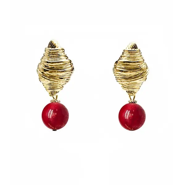 FARRA Bamboo Coral Dangle Gold Stud Earrings