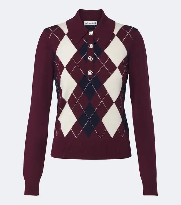 SELF-PORTRAIT Argyle Wool Polo Sweater
