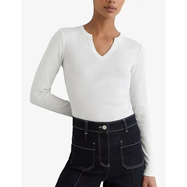 REISS Athena Notch-neck Stretch-cotton Top