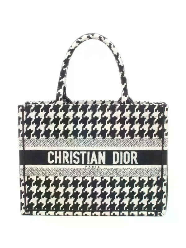 Dior 2010s Medium Book Tote Houndstooth Tote Bag - Black
