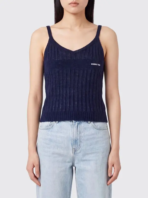 SHUSHU/TONG Ribbed Knit Off-shoulder Slim Fit Top With V-neck - Blue