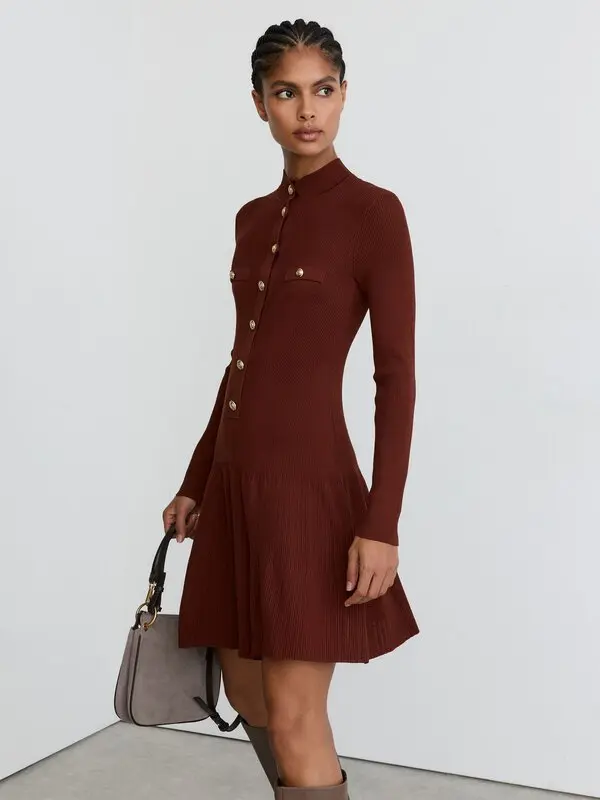 REISS Rib-knit Half-button Mini Dress - Rust