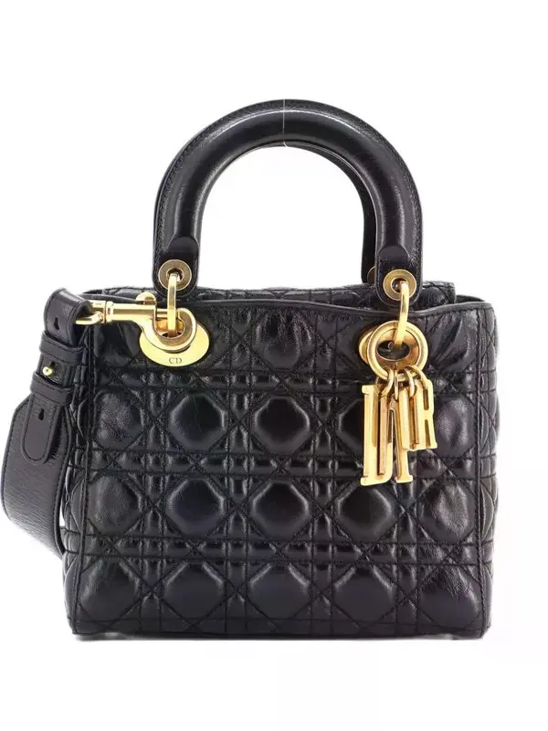 Dior My Lady Bag Cannage Quilted Crinkled Patent Satchel - Black
