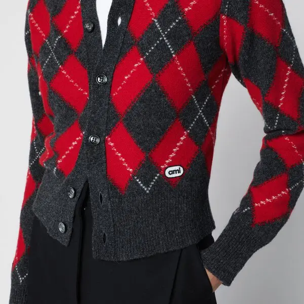 AMI Paris Red/ Argyle-pattern Cardigan In Wool