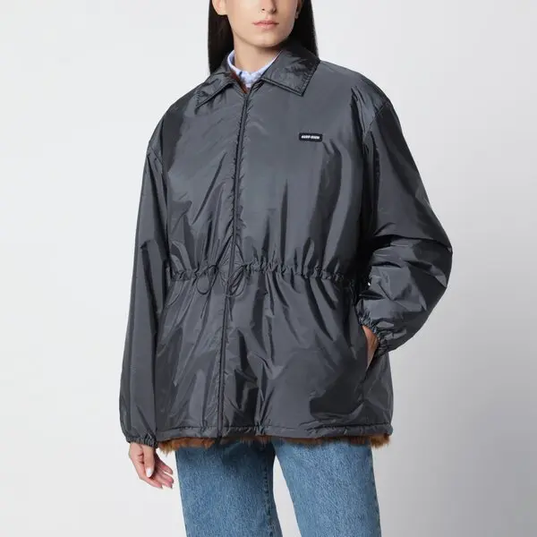 Miu Miu Ematite Blouson In Technical Fabric And Shearling - Grey