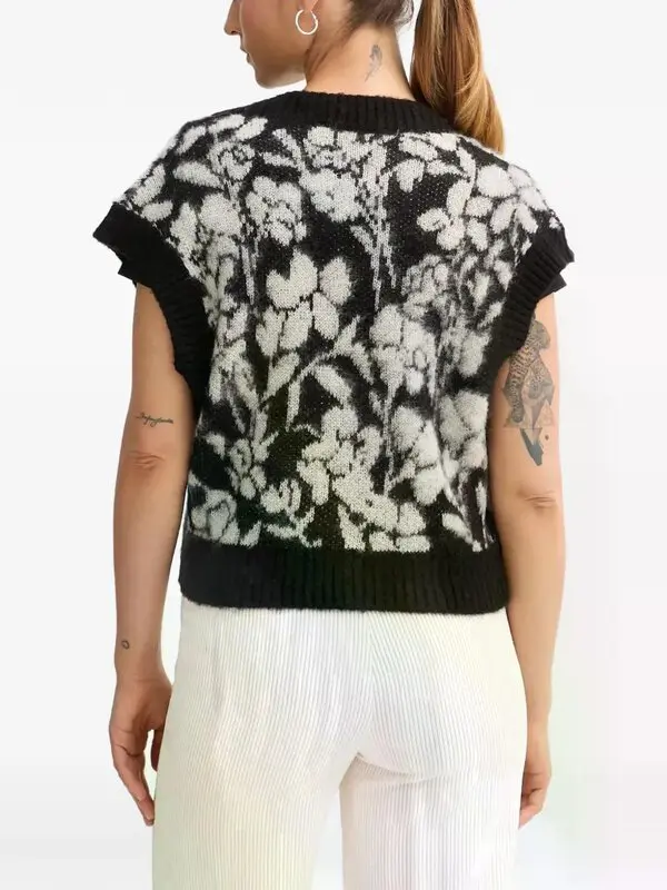 BENETTON Floral V-neck Sweater - Black
