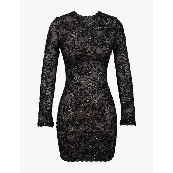 House Of Cb Aurielle Open-back Floral-lace Mini Dress - Black