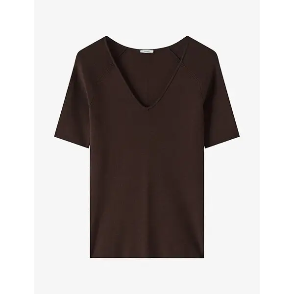 JOSEPH Elly V-neck Short-sleeve Stretch Silk-blend Top - Espresso