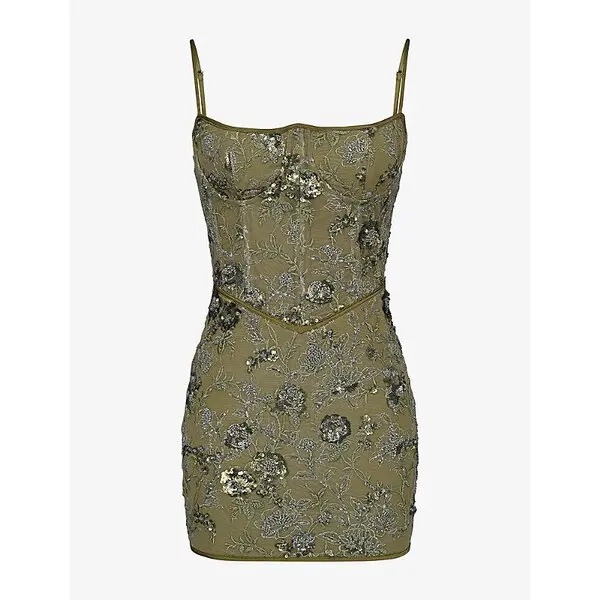 House Of Cb Naima Hand-beaded Embellished Mesh Mini Dress L - Olive