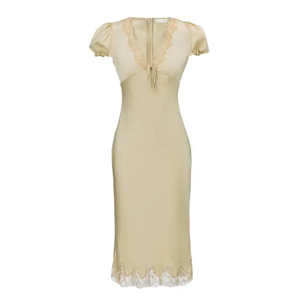 BELSIZE25 Lemon Tart Dress – Lace-trim Bias-cut Satin Dress - Yellow