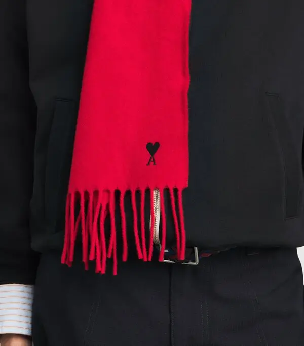 AMI Paris Wool De Coeur Fringed Scarf