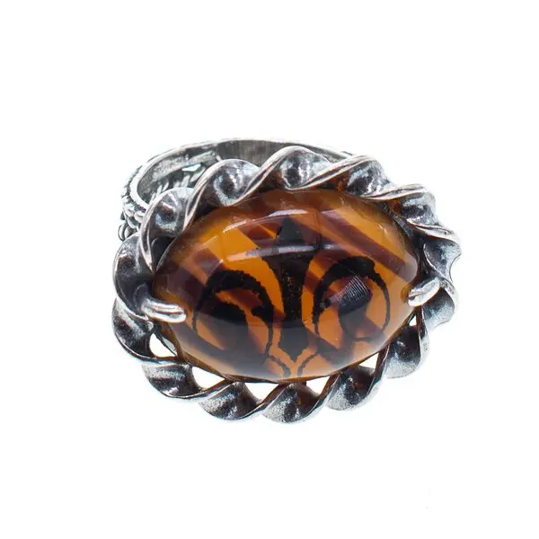 GEM KINGDOM Brown / Silver Amber Fleur-de-lis Ring - Brown/silver
