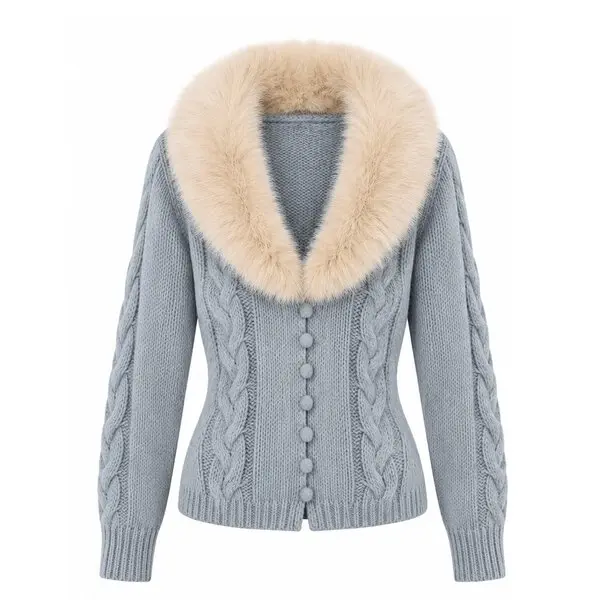BELSIZE25 Cashmere-blend Faux Fur Collar Cable-knit Cardigan In Dusty - Blue