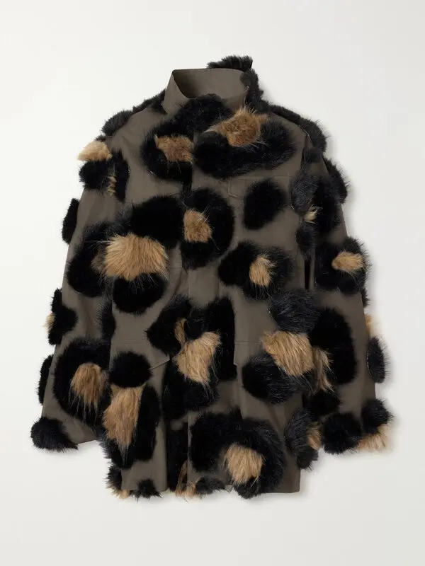 Sacai Leopard-effect Plush-trimmed Cotton-twill Jacket