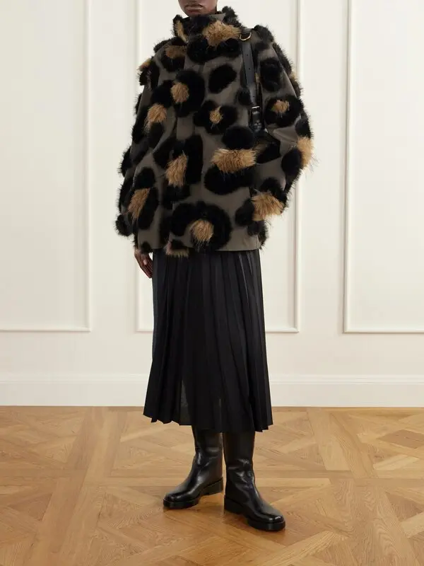 Sacai Leopard-effect Plush-trimmed Cotton-twill Jacket
