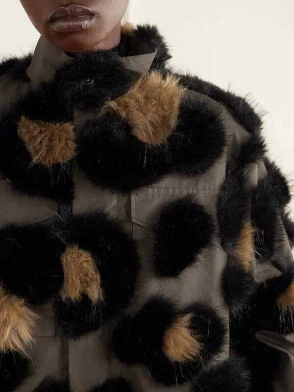 Sacai Leopard-effect Plush-trimmed Cotton-twill Jacket