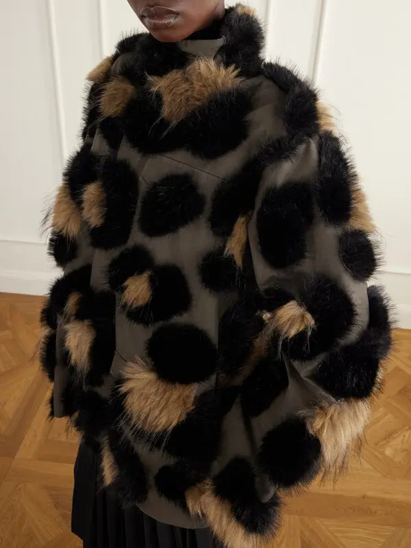 Sacai Leopard-effect Plush-trimmed Cotton-twill Jacket