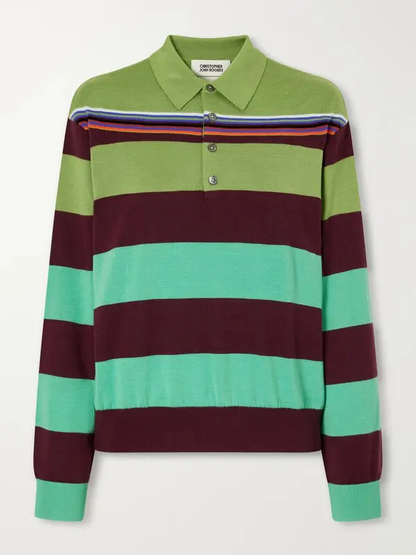 Christopher John Rogers Striped Wool And Silk Blend Polo Shirt