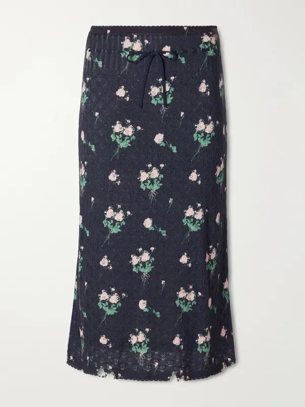 Bernadette Katia Floral-print Pointelle-knit Silk, Wool And Cashmere-blend Knee-length Skirt - Black