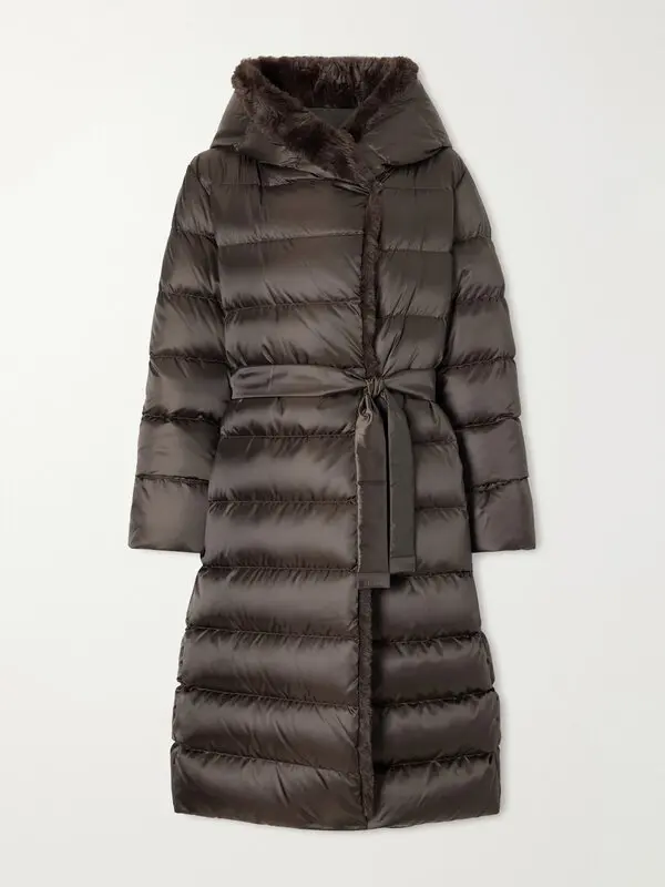 Max Mara Medusa Hooded Belted Quilted Plush-trimmed Shell Down Coat