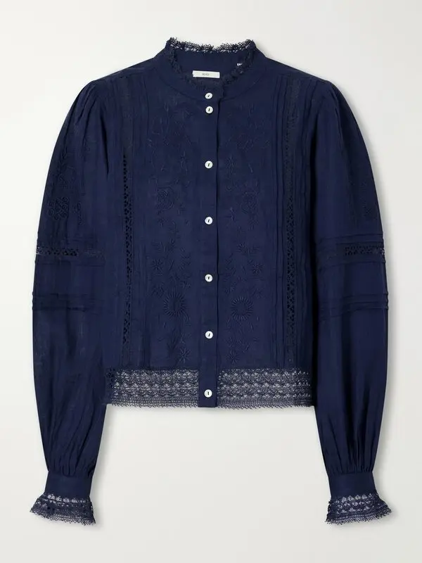 SKALL STUDIO Velina Gathered Floral-embroidered Lace-trimmed Linen-twill Blouse - Blue