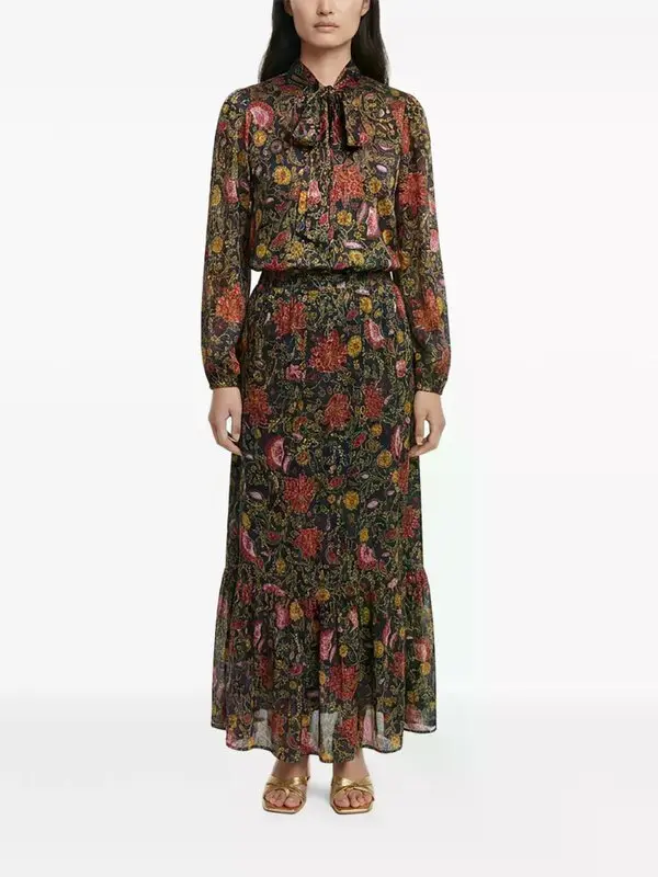 TWINSET Floral-print Ruffled Long Skirt - Black