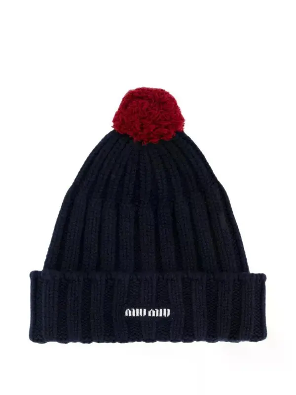 Miu Miu Pom-pom Ribbed Beanie Hat - Blue