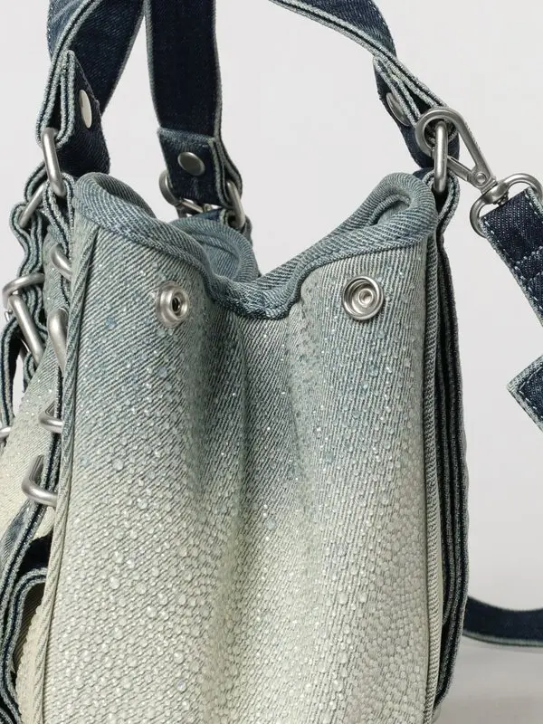 DIESEL® D-one Bleached Denim Handbag With Oval D Logo And Crystals