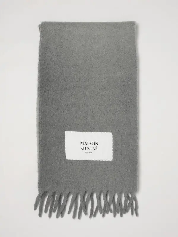 Maison Kitsuné Alpaca Wool Scarf With Fringed Hem And Appliqué Logo - Grey
