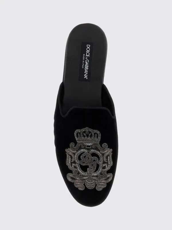 Dolce & Gabbana Black Velvet Mules With Contrasting Embroidered Logo