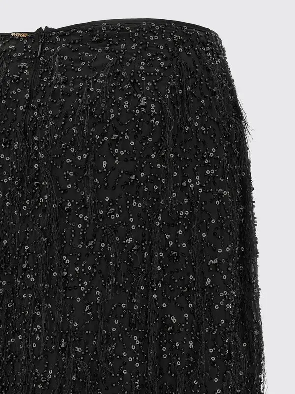 TWINSET Crêpe Pencil Midi Skirt With Sequin Embroidery And Fringes