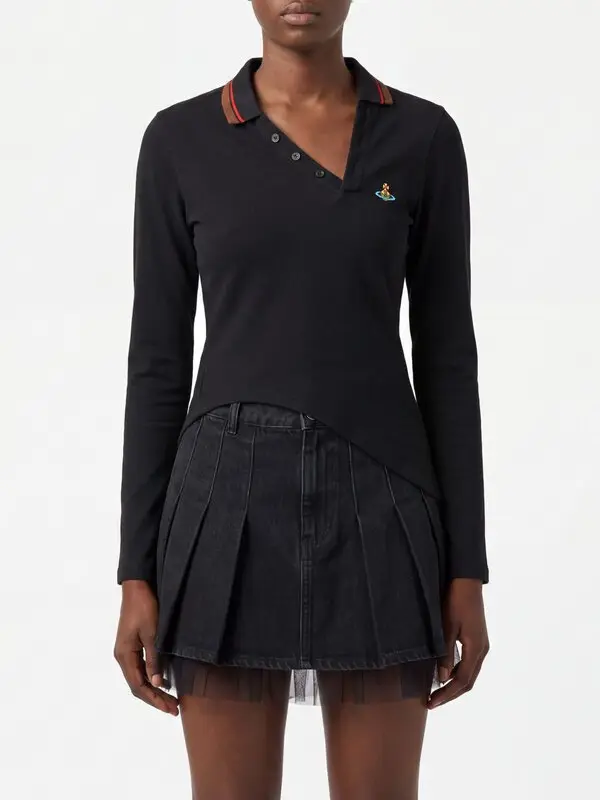 VIVIENNE WESTWOOD Asymmetrical Long-sleeved Cotton Polo With Orb Logo - Black