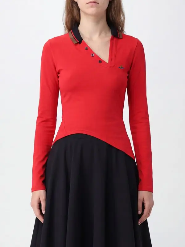 VIVIENNE WESTWOOD Asymmetrical Long-sleeved Cotton Polo With Orb Logo - Red