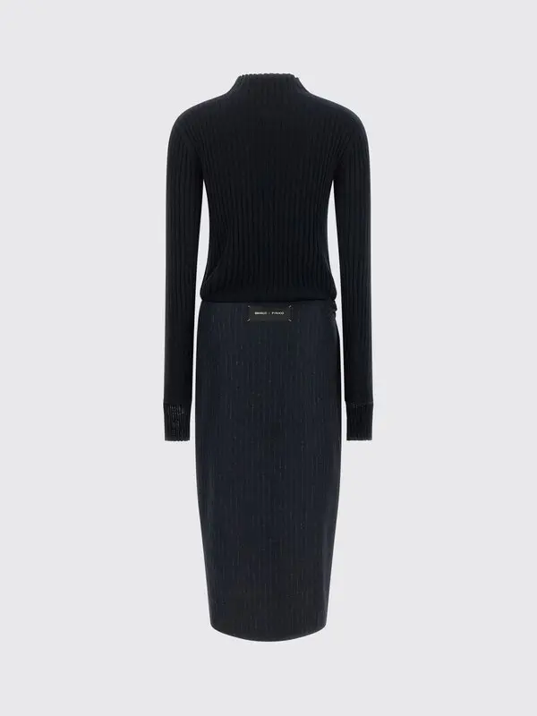 Pinko Pinstriped Knit Midi Dress With High Neck And Ruched Waist