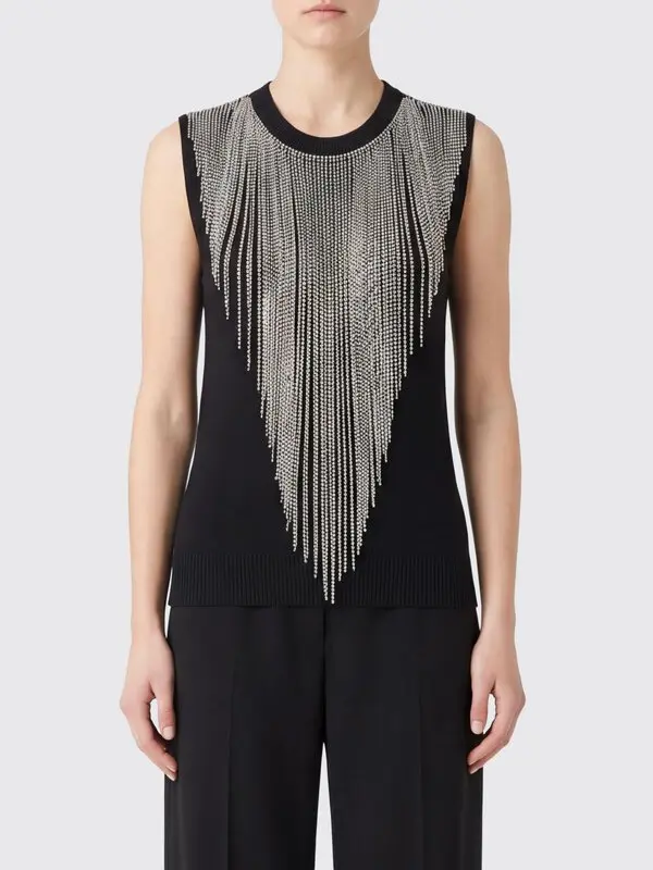 Sportmax Sleeveless Virgin Wool Evening Top With Jeweled Fringes