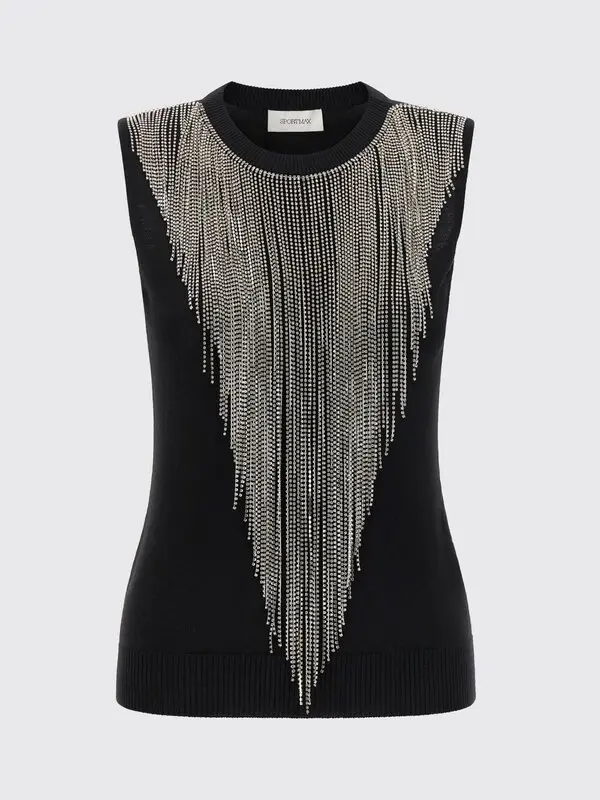 Sportmax Sleeveless Virgin Wool Evening Top With Jeweled Fringes