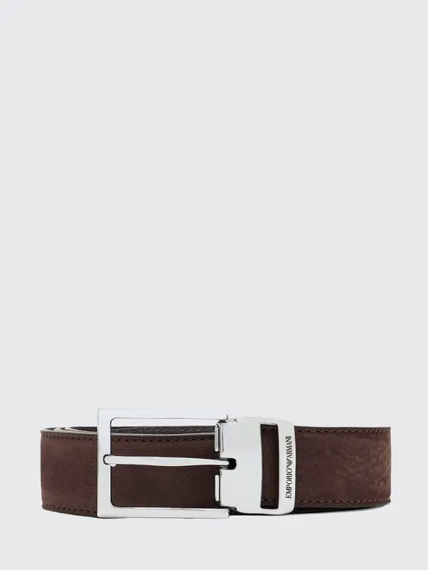 Emporio Armani Nubuck Leather Belt With Metal Buckle And Lettering Logo - Coffee