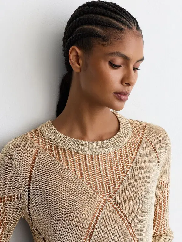 REISS Metallic Argyle Open-knit Long-sleeve Jumper - Gold