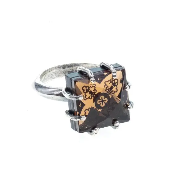 GEM KINGDOM Amber Floral Pattern Ring - Orange/silver