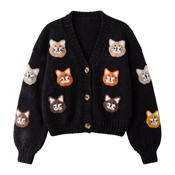 ANA CHIC Cat Motif Handmade Knitted Cardigan