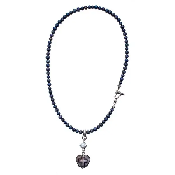 GEM KINGDOM Black Mother Of Pearl Heart & Pearl Necklace - Black/silver