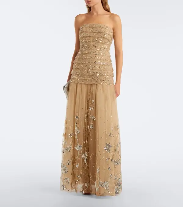 GEORGES HOBEIKA Sequined Tiered Tulle Bustier Gown