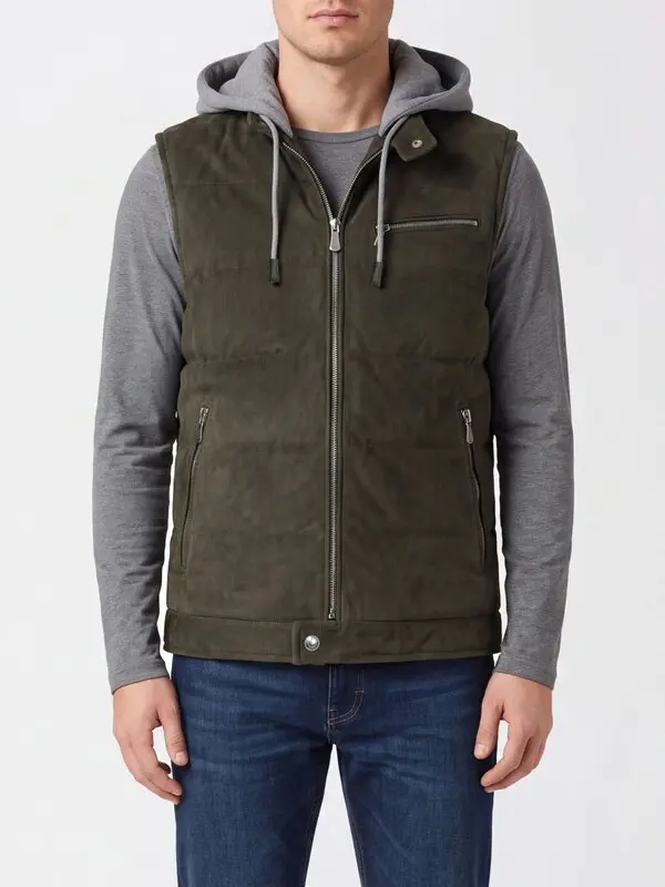 Eleventy Quilted Suede Leather Padded Vest With Hood - Grey