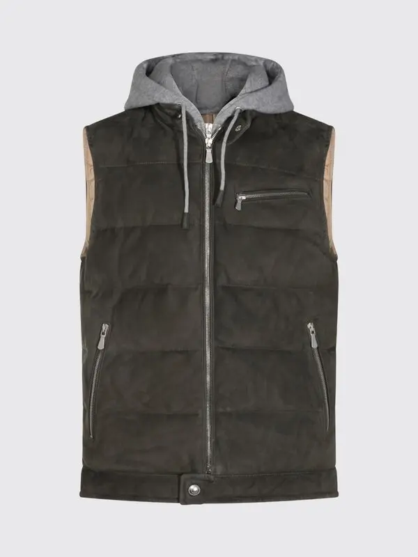 Eleventy Quilted Suede Leather Padded Vest With Hood - Grey