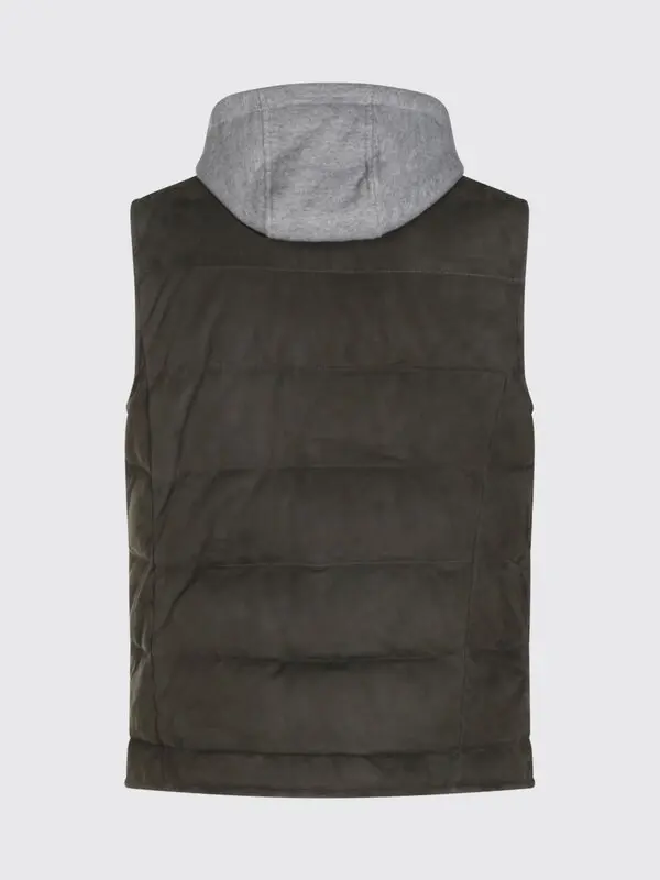 Eleventy Quilted Suede Leather Padded Vest With Hood - Grey